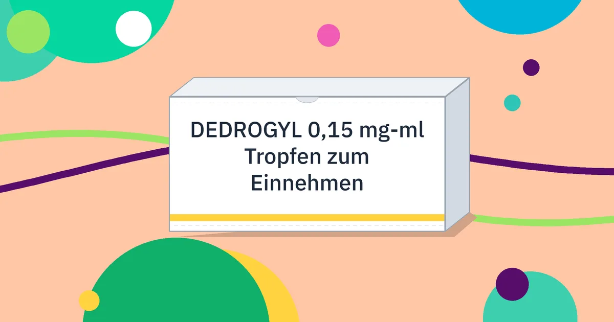 Symbolbild: Packung mit der Aufschrift DEDROGYL 0,15 mg-ml Tropfen zum Einnehmen (PZN 02534958) – Verfügbarkeit und Bezug in Apotheken in Frankfurt am Main