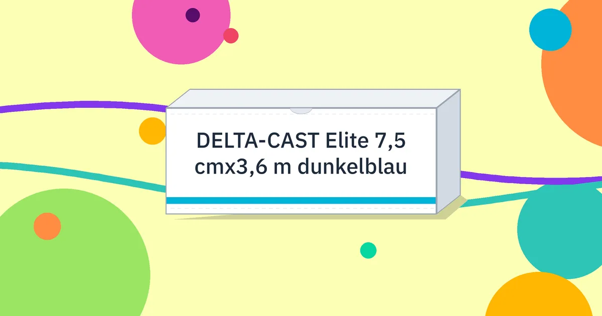 Symbolbild: Packung mit der Aufschrift DELTA-CAST Elite 7,5 cmx3,6 m dunkelblau (PZN 15565481) – Verfügbarkeit und Bezug in Apotheken in Frankfurt am Main