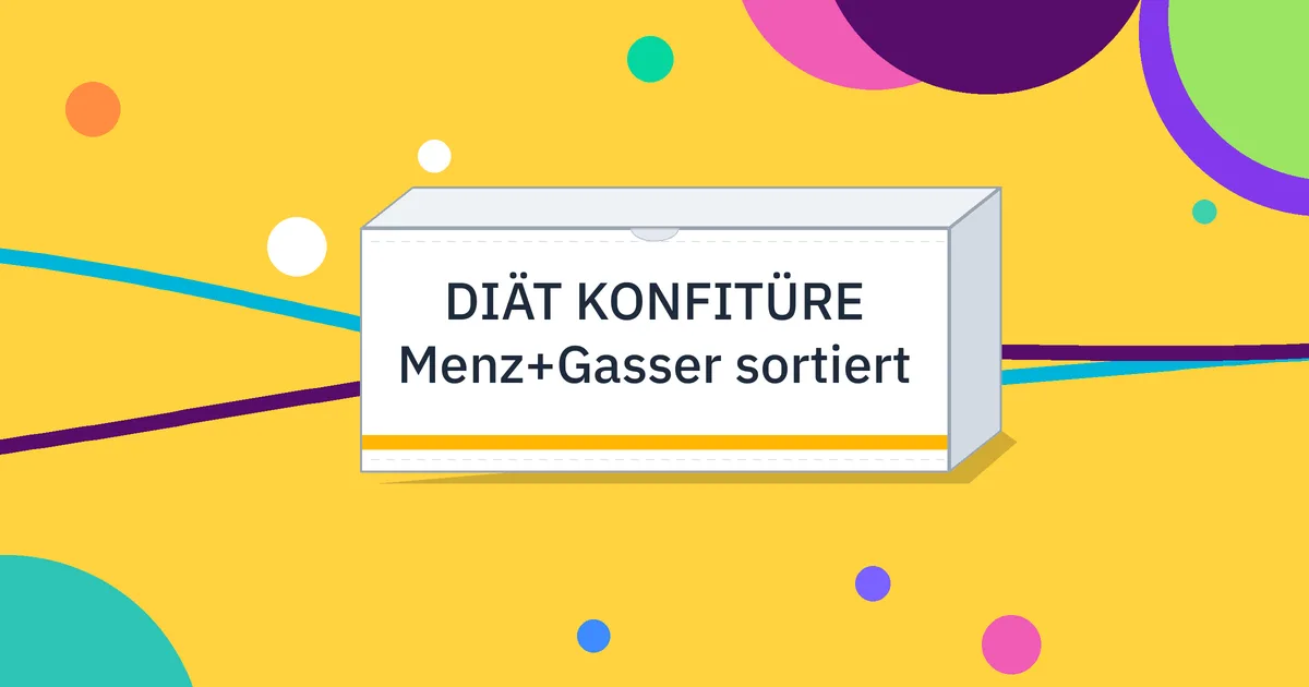 Symbolbild: Packung mit der Aufschrift DIÄT KONFITÜRE Menz+Gasser sortiert (PZN 07769413) – Verfügbarkeit und Bezug in Apotheken in Frankfurt am Main