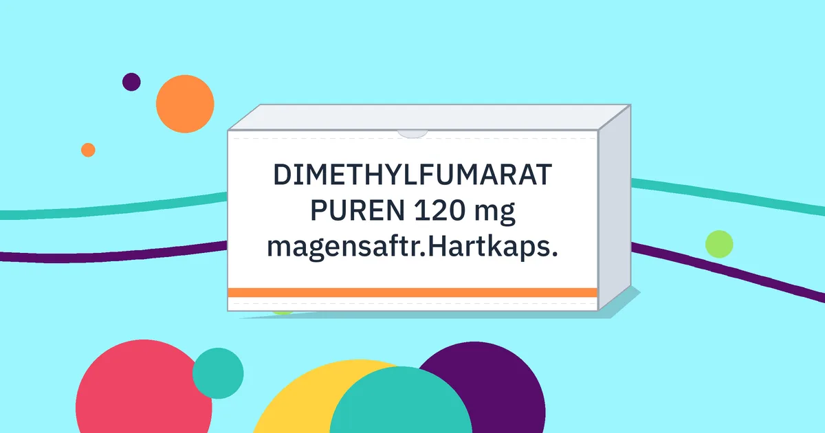 Symbolbild: Packung mit der Aufschrift DIMETHYLFUMARAT PUREN 120 mg magensaftr.Hartkaps. (PZN 19557596) – Verfügbarkeit und Bezug in Apotheken in Frankfurt am Main