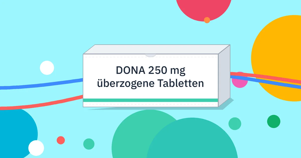 Symbolbild: Packung mit der Aufschrift DONA 250 mg überzogene Tabletten (PZN 04851114) – Verfügbarkeit und Bezug in Apotheken in Frankfurt am Main