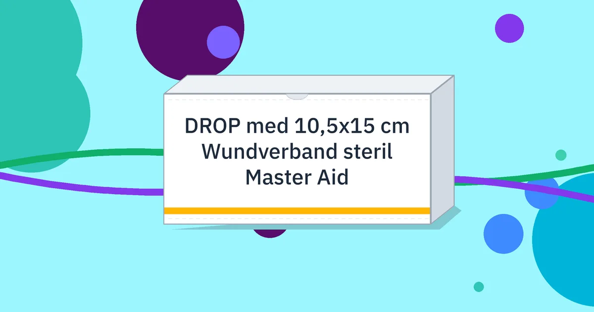 Symbolbild: Packung mit der Aufschrift DROP med 10,5x15 cm Wundverband steril Master Aid (PZN 00121583) – Verfügbarkeit und Bezug in Apotheken in Frankfurt am Main