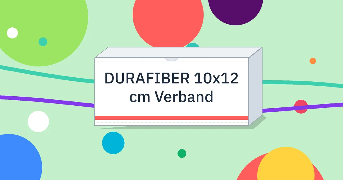 Symbolbild: Packung mit der Aufschrift DURAFIBER 10x12 cm Verband (PZN 13347863) – Verfügbarkeit und Bezug in Apotheken in Frankfurt am Main