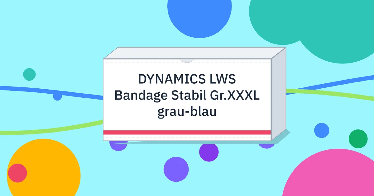 Symbolbild: Packung mit der Aufschrift DYNAMICS LWS Bandage Stabil Gr.XXXL grau-blau (PZN 10634473) – Verfügbarkeit und Bezug in Apotheken in Frankfurt am Main