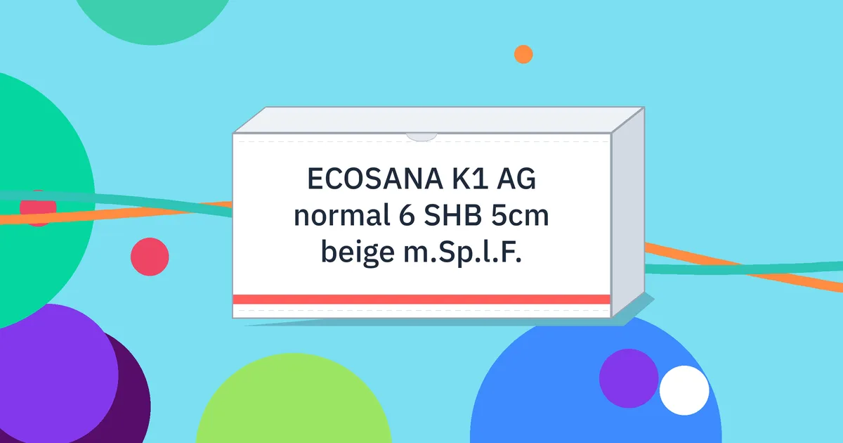 Symbolbild: Packung mit der Aufschrift ECOSANA K1 AG normal 6 SHB 5cm beige m.Sp.l.F. (PZN 04729844) – Verfügbarkeit und Bezug in Apotheken in Frankfurt am Main
