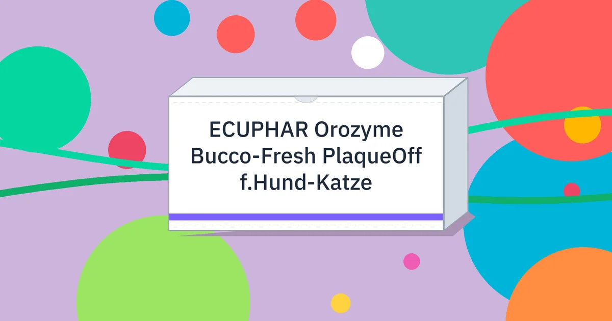 Symbolbild: Packung mit der Aufschrift ECUPHAR Orozyme Bucco-Fresh PlaqueOff f.Hund-Katze (PZN 19445704) – Verfügbarkeit und Bezug in Apotheken in Frankfurt am Main