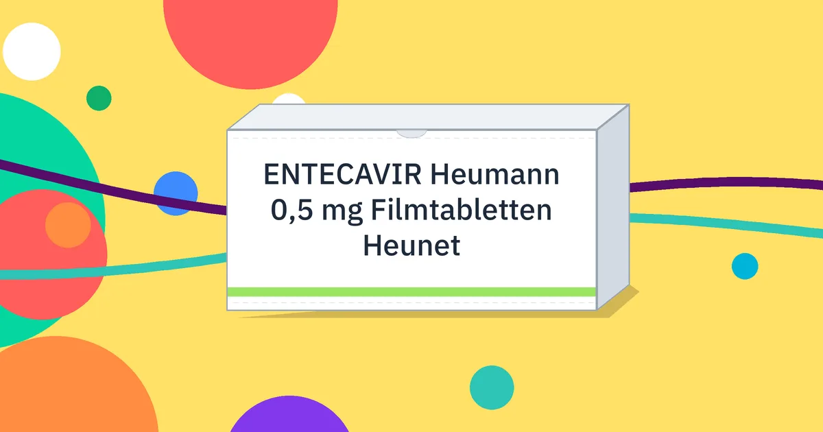 Symbolbild: Packung mit der Aufschrift ENTECAVIR Heumann 0,5 mg Filmtabletten Heunet (PZN 18093077) – Verfügbarkeit und Bezug in Apotheken in Frankfurt am Main