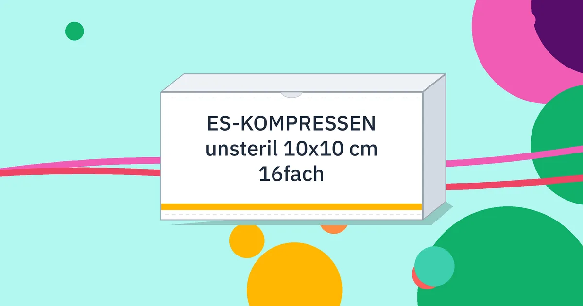 Symbolbild: Packung mit der Aufschrift ES-KOMPRESSEN unsteril 10x10 cm 16fach (PZN 18734228) – Verfügbarkeit und Bezug in Apotheken in Frankfurt am Main