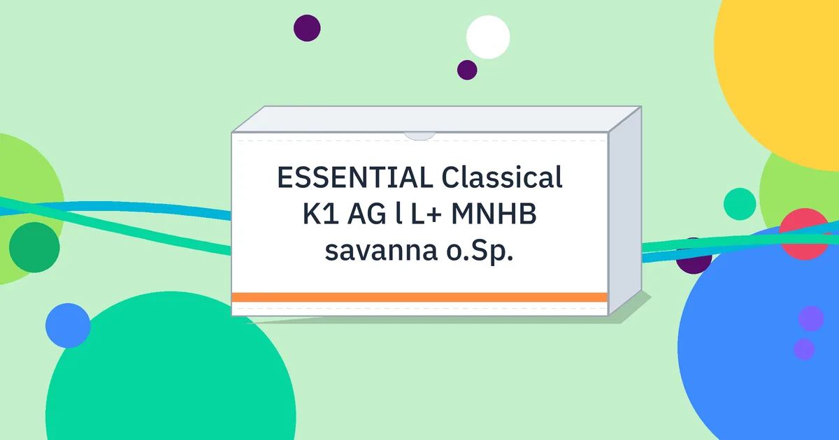 Symbolbild: Packung mit der Aufschrift ESSENTIAL Classical K1 AG l L+ MNHB savanna o.Sp. (PZN 19320569) – Verfügbarkeit und Bezug in Apotheken in Frankfurt am Main