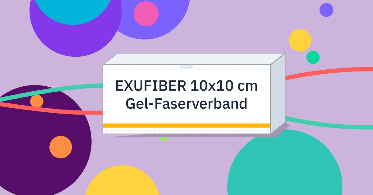 Symbolbild: Packung mit der Aufschrift EXUFIBER 10x10 cm Gel-Faserverband (PZN 19959113) – Verfügbarkeit und Bezug in Apotheken in Frankfurt am Main