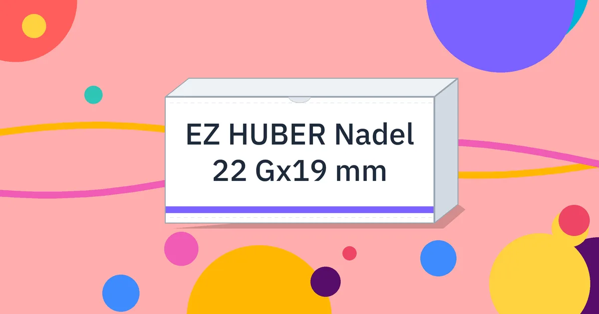 Symbolbild: Packung mit der Aufschrift EZ HUBER Nadel 22 Gx19 mm (PZN 05036764) – Verfügbarkeit und Bezug in Apotheken in Frankfurt am Main