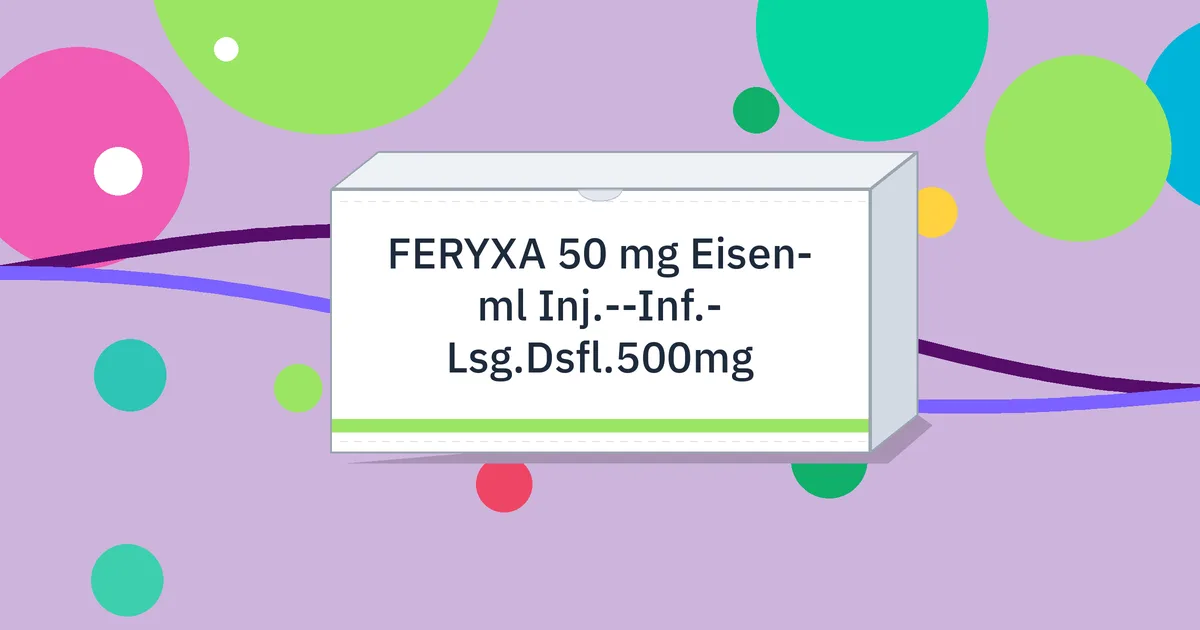 Symbolbild: Packung mit der Aufschrift FERYXA 50 mg Eisen-ml Inj.--Inf.-Lsg.Dsfl.500mg (PZN 18151774) – Verfügbarkeit und Bezug in Apotheken in Frankfurt am Main