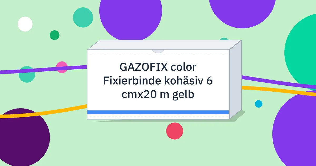 Symbolbild: Packung mit der Aufschrift GAZOFIX color Fixierbinde kohäsiv 6 cmx20 m gelb (PZN 11587652) – Verfügbarkeit und Bezug in Apotheken in Frankfurt am Main