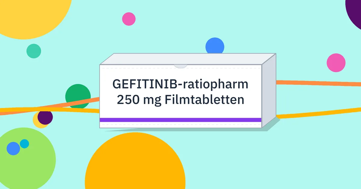 Symbolbild: Packung mit der Aufschrift GEFITINIB-ratiopharm 250 mg Filmtabletten (PZN 14323899) – Verfügbarkeit und Bezug in Apotheken in Frankfurt am Main