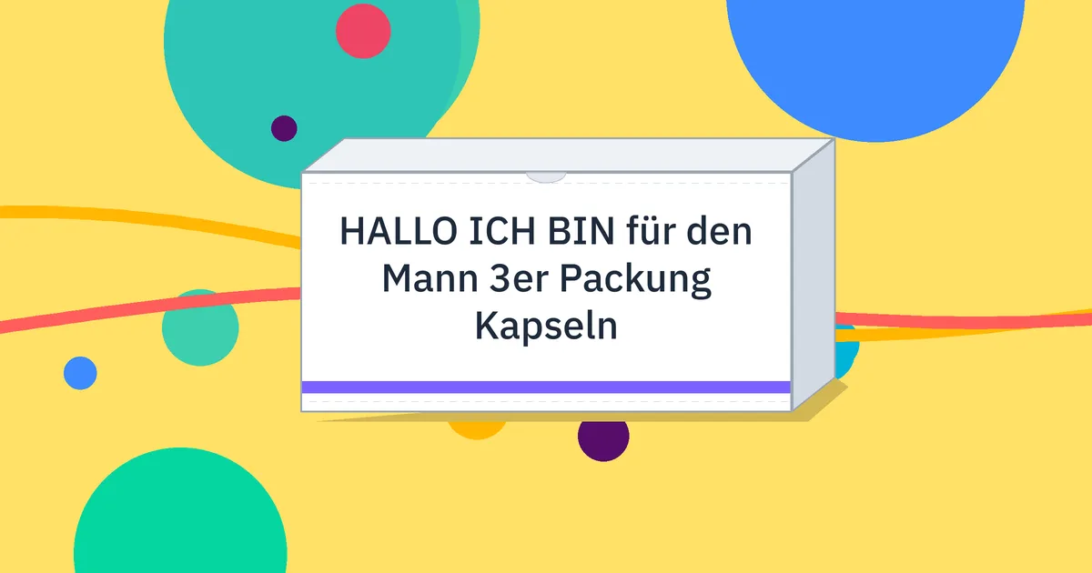 Symbolbild: Packung mit der Aufschrift HALLO ICH BIN für den Mann 3er Packung Kapseln (PZN 16010822) – Verfügbarkeit und Bezug in Apotheken in Frankfurt am Main