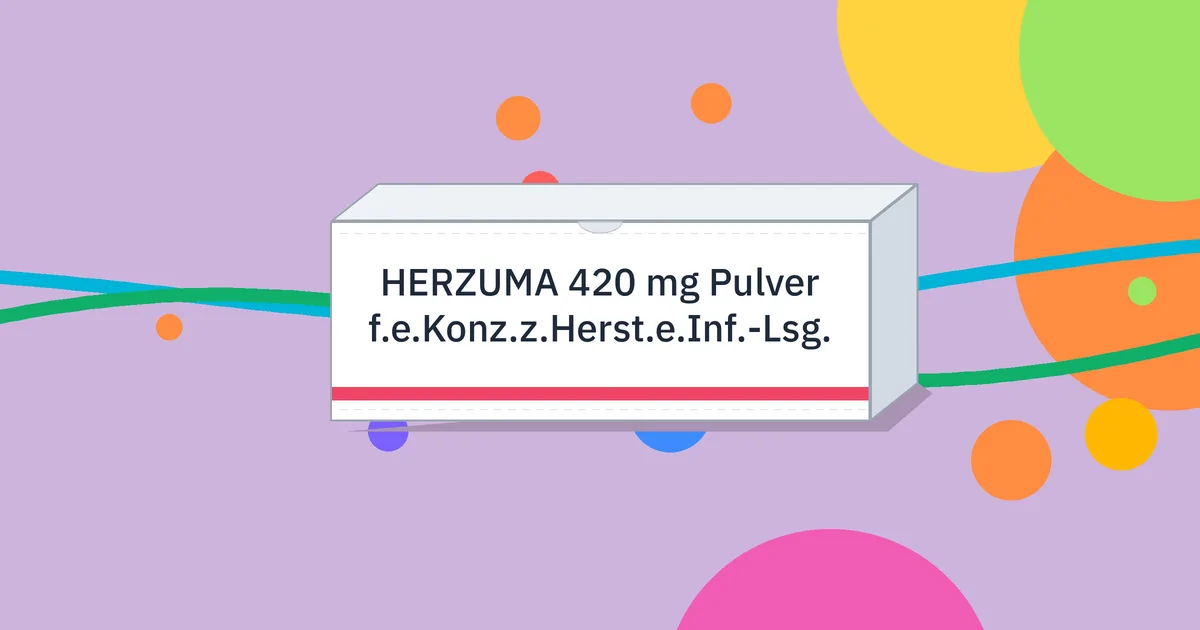 Symbolbild: Packung mit der Aufschrift HERZUMA 420 mg Pulver f.e.Konz.z.Herst.e.Inf.-Lsg. (PZN 16144847) – Verfügbarkeit und Bezug in Apotheken in Frankfurt am Main