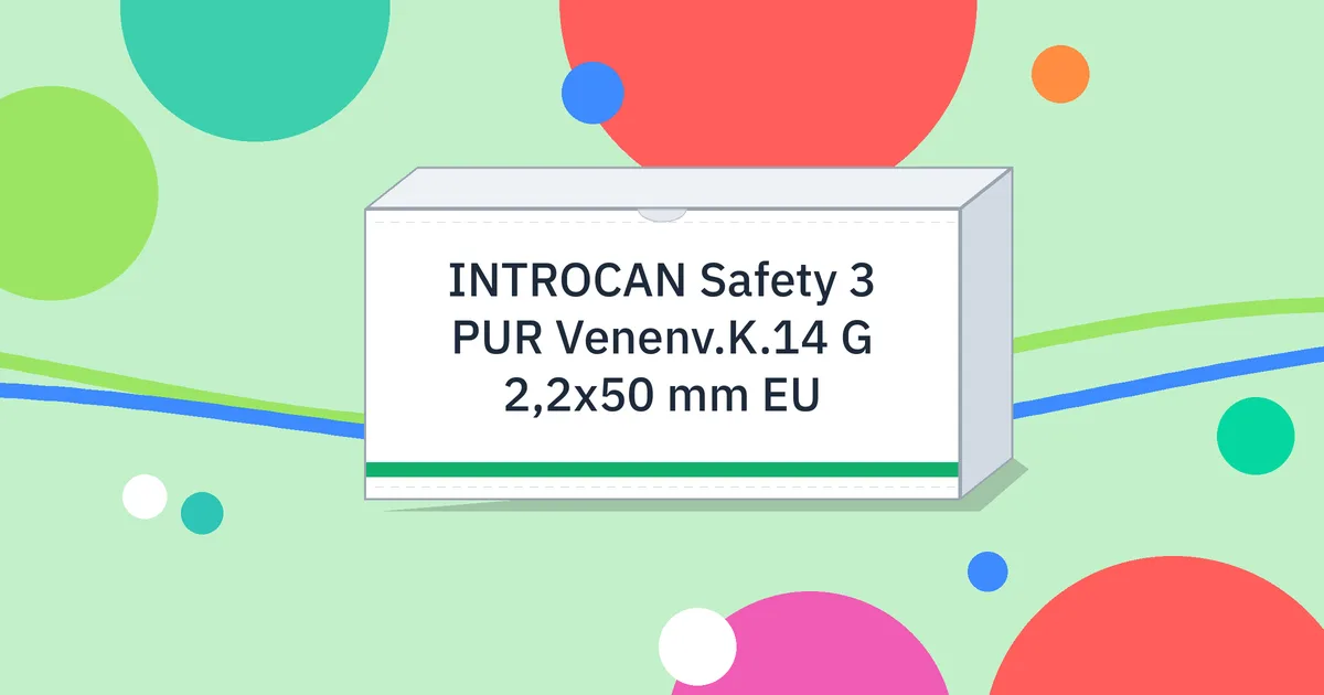 Symbolbild: Packung mit der Aufschrift INTROCAN Safety 3 PUR Venenv.K.14 G 2,2x50 mm EU (PZN 20344977) – Verfügbarkeit und Bezug in Apotheken in Frankfurt am Main
