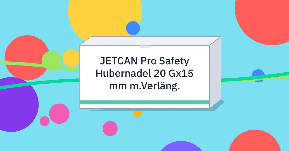 Symbolbild: Packung mit der Aufschrift JETCAN Pro Safety Hubernadel 20 Gx15 mm m.Verläng. (PZN 19421017) – Verfügbarkeit und Bezug in Apotheken in Frankfurt am Main