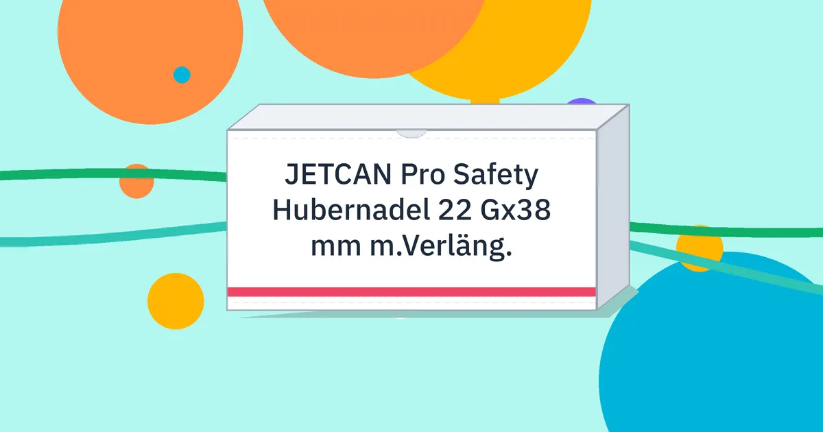 Symbolbild: Packung mit der Aufschrift JETCAN Pro Safety Hubernadel 22 Gx38 mm m.Verläng. (PZN 19421023) – Verfügbarkeit und Bezug in Apotheken in Frankfurt am Main