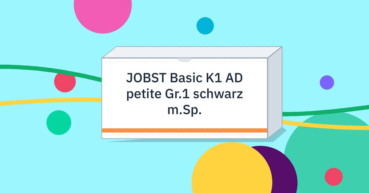 Symbolbild: Packung mit der Aufschrift JOBST Basic K1 AD petite Gr.1 schwarz m.Sp. (PZN 15310746) – Verfügbarkeit und Bezug in Apotheken in Frankfurt am Main