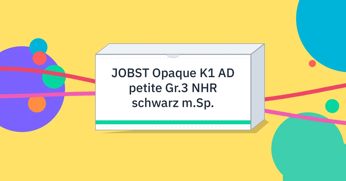 Symbolbild: Packung mit der Aufschrift JOBST Opaque K1 AD petite Gr.3 NHR schwarz m.Sp. (PZN 13078989) – Verfügbarkeit und Bezug in Apotheken in Frankfurt am Main