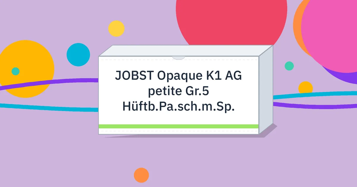 Symbolbild: Packung mit der Aufschrift JOBST Opaque K1 AG petite Gr.5 Hüftb.Pa.sch.m.Sp. (PZN 13098526) – Verfügbarkeit und Bezug in Apotheken in Frankfurt am Main