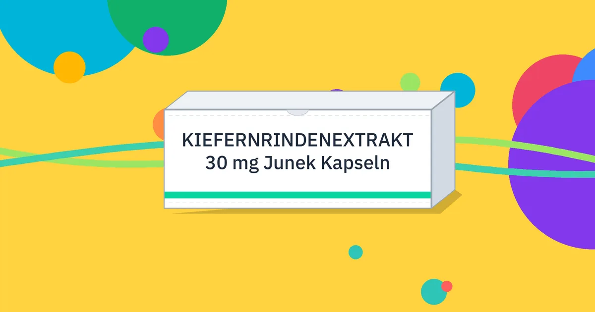 Symbolbild: Packung mit der Aufschrift KIEFERNRINDENEXTRAKT 30 mg Junek Kapseln (PZN 01644797) – Verfügbarkeit und Bezug in Apotheken in Frankfurt am Main