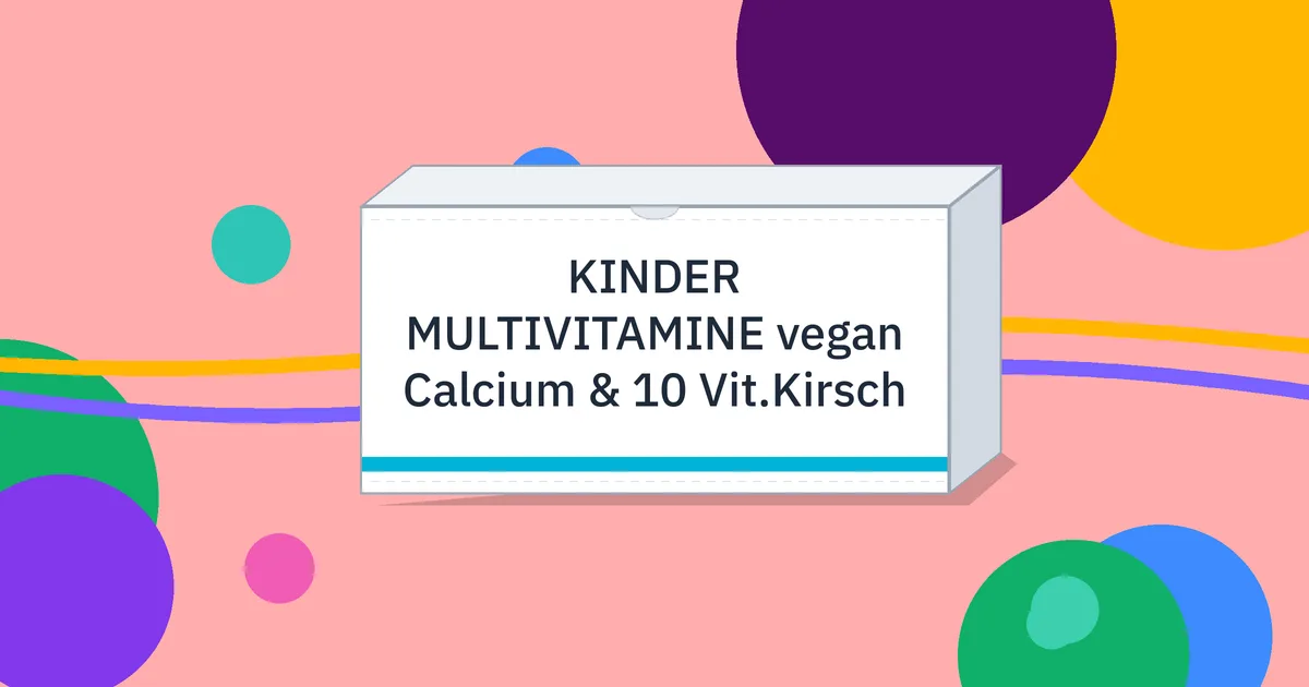 Symbolbild: Packung mit der Aufschrift KINDER MULTIVITAMINE vegan Calcium & 10 Vit.Kirsch (PZN 19998627) – Verfügbarkeit und Bezug in Apotheken in Frankfurt am Main