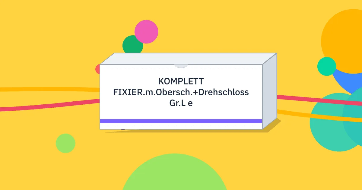 Symbolbild: Packung mit der Aufschrift KOMPLETT FIXIER.m.Obersch.+Drehschloss Gr.L e (PZN 11573911) – Verfügbarkeit und Bezug in Apotheken in Frankfurt am Main