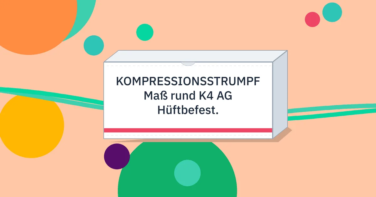Symbolbild: Packung mit der Aufschrift KOMPRESSIONSSTRUMPF Maß rund K4 AG Hüftbefest. (PZN 10011789) – Verfügbarkeit und Bezug in Apotheken in Frankfurt am Main