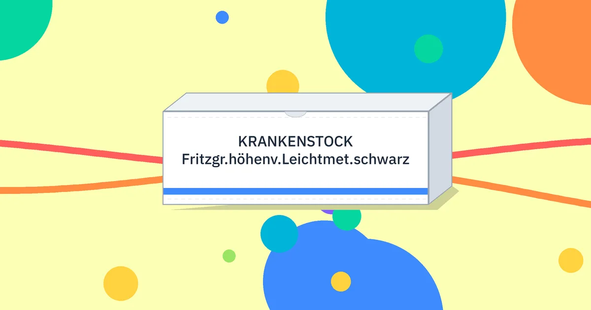 Symbolbild: Packung mit der Aufschrift KRANKENSTOCK Fritzgr.höhenv.Leichtmet.schwarz (PZN 01586835) – Verfügbarkeit und Bezug in Apotheken in Frankfurt am Main