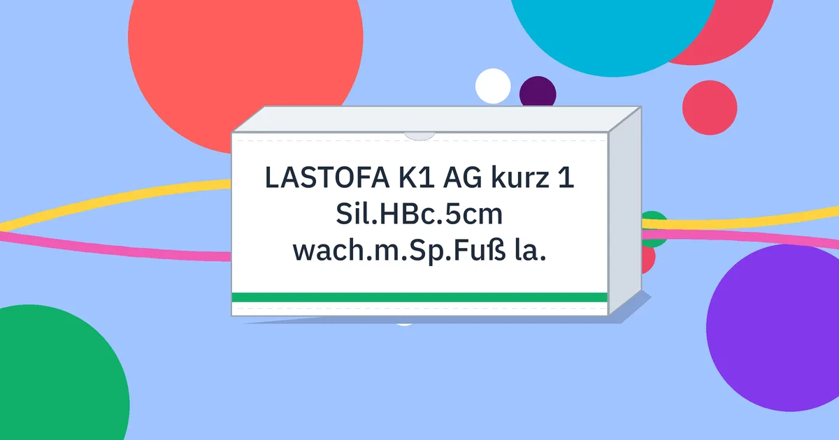 Symbolbild: Packung mit der Aufschrift LASTOFA K1 AG kurz 1 Sil.HBc.5cm wach.m.Sp.Fuß la. (PZN 13788998) – Verfügbarkeit und Bezug in Apotheken in Frankfurt am Main