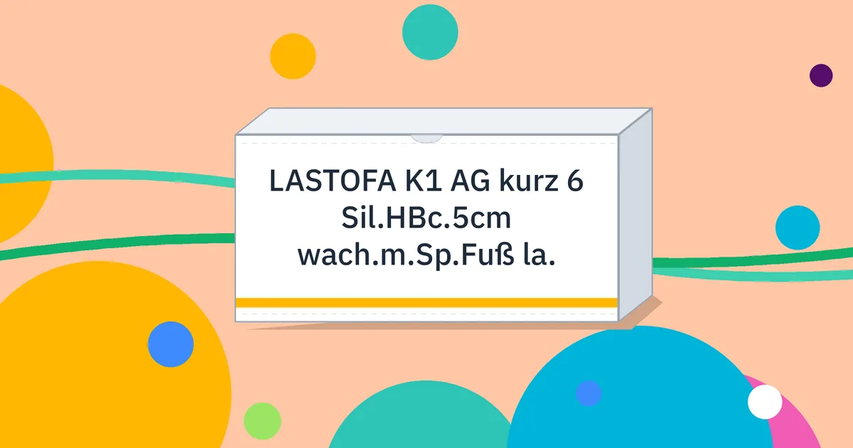 Symbolbild: Packung mit der Aufschrift LASTOFA K1 AG kurz 6 Sil.HBc.5cm wach.m.Sp.Fuß la. (PZN 13794467) – Verfügbarkeit und Bezug in Apotheken in Frankfurt am Main