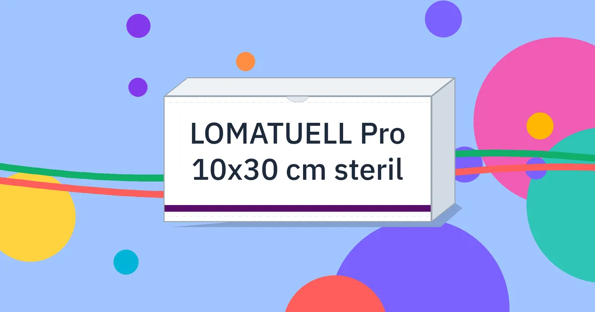 Symbolbild: Packung mit der Aufschrift LOMATUELL Pro 10x30 cm steril (PZN 15998889) – Verfügbarkeit und Bezug in Apotheken in Frankfurt am Main