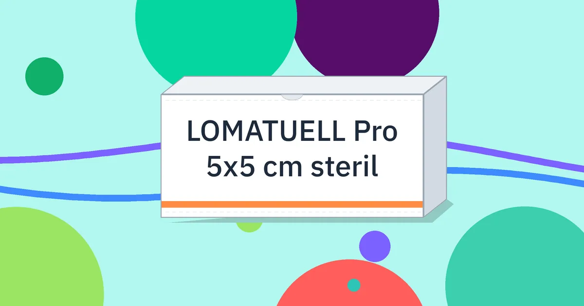 Symbolbild: Packung mit der Aufschrift LOMATUELL Pro 5x5 cm steril (PZN 20609200) – Verfügbarkeit und Bezug in Apotheken in Frankfurt am Main