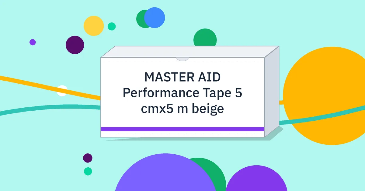 Symbolbild: Packung mit der Aufschrift MASTER AID Performance Tape 5 cmx5 m beige (PZN 11598420) – Verfügbarkeit und Bezug in Apotheken in Frankfurt am Main