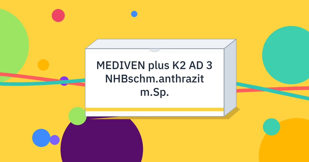 Symbolbild: Packung mit der Aufschrift MEDIVEN plus K2 AD 3 NHBschm.anthrazit m.Sp. (PZN 15937853) – Verfügbarkeit und Bezug in Apotheken in Frankfurt am Main