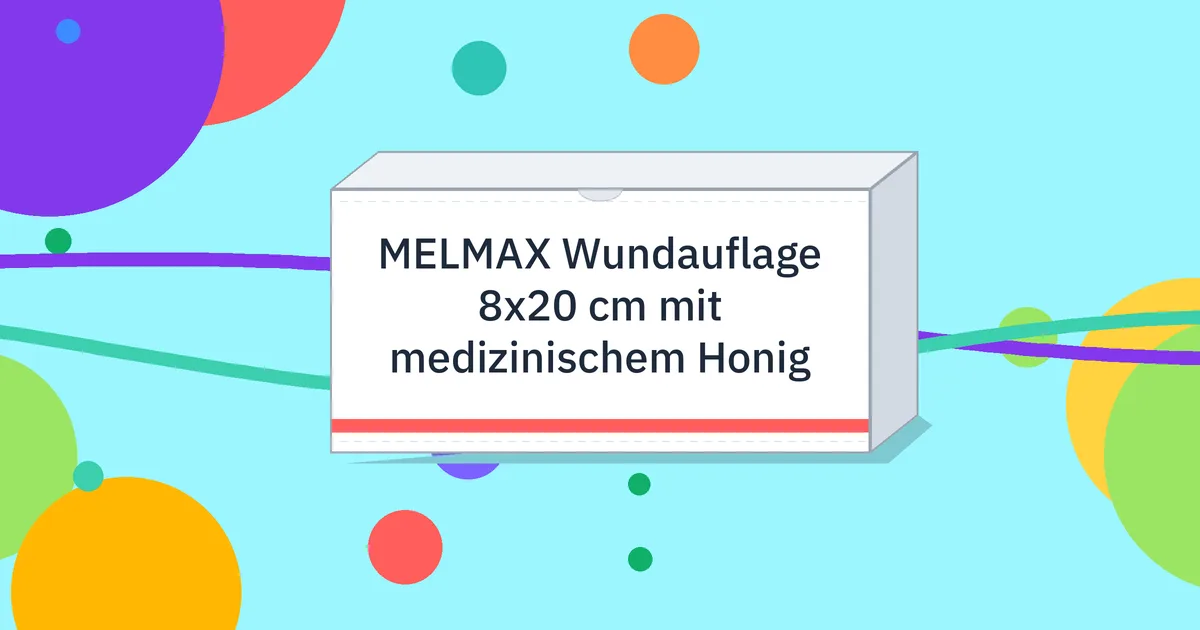 Symbolbild: Packung mit der Aufschrift MELMAX Wundauflage 8x20 cm mit medizinischem Honig (PZN 19958734) – Verfügbarkeit und Bezug in Apotheken in Frankfurt am Main