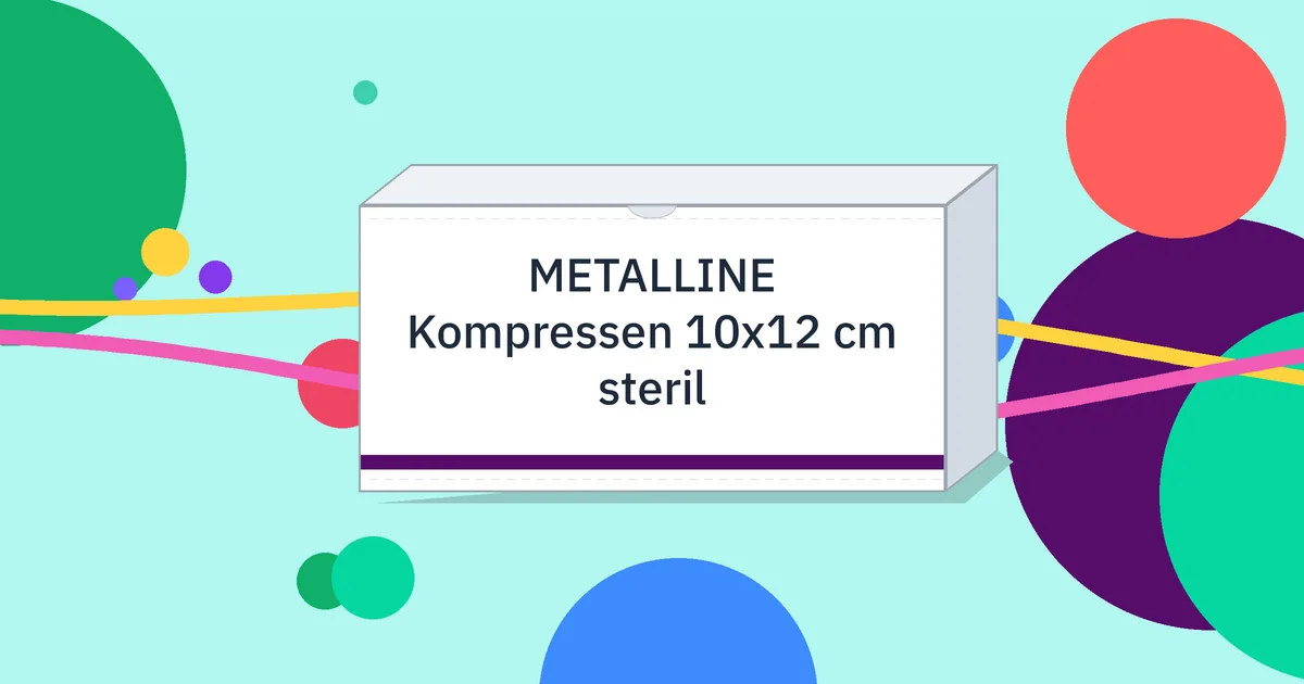 Symbolbild: Packung mit der Aufschrift METALLINE Kompressen 10x12 cm steril (PZN 01495713) – Verfügbarkeit und Bezug in Apotheken in Frankfurt am Main