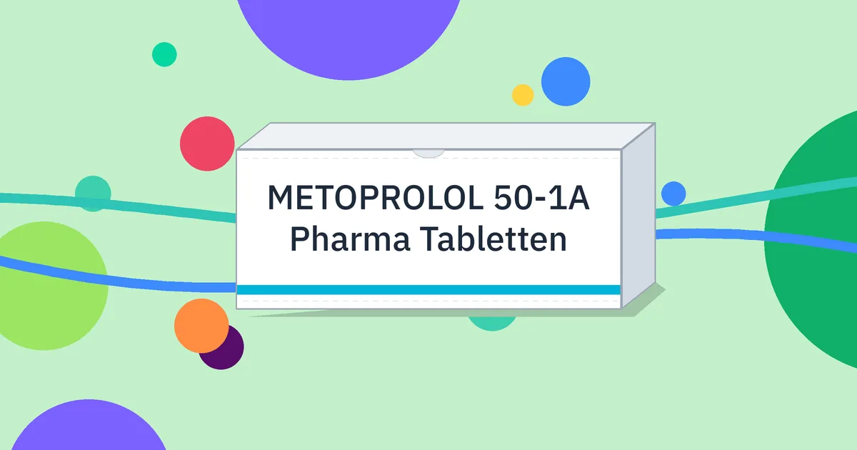 Symbolbild: Packung mit der Aufschrift METOPROLOL 50-1A Pharma Tabletten (PZN 08533888) – Verfügbarkeit und Bezug in Apotheken in Frankfurt am Main