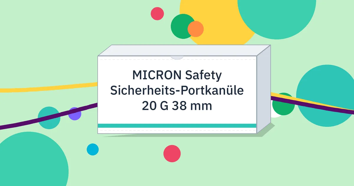 Symbolbild: Packung mit der Aufschrift MICRON Safety Sicherheits-Portkanüle 20 G 38 mm (PZN 19146321) – Verfügbarkeit und Bezug in Apotheken in Frankfurt am Main