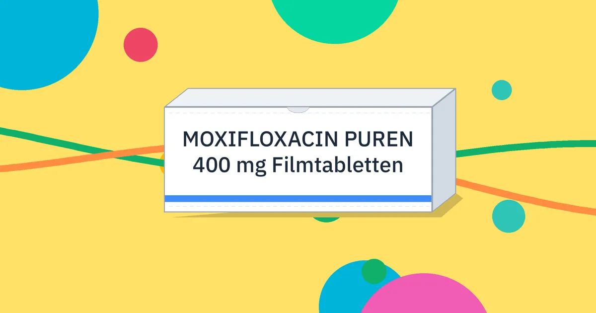 Symbolbild: Packung mit der Aufschrift MOXIFLOXACIN PUREN 400 mg Filmtabletten (PZN 15785797) – Verfügbarkeit und Bezug in Apotheken in Frankfurt am Main