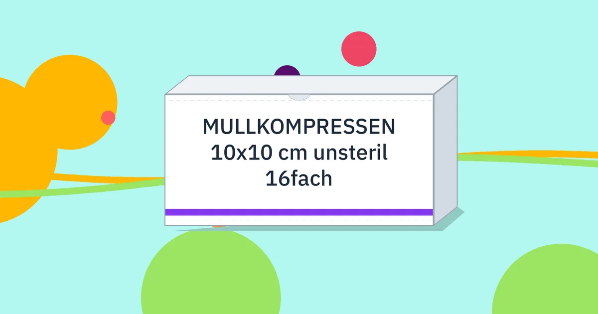 Symbolbild: Packung mit der Aufschrift MULLKOMPRESSEN 10x10 cm unsteril 16fach (PZN 03992657) – Verfügbarkeit und Bezug in Apotheken in Frankfurt am Main