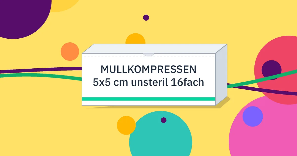 Symbolbild: Packung mit der Aufschrift MULLKOMPRESSEN 5x5 cm unsteril 16fach (PZN 03992611) – Verfügbarkeit und Bezug in Apotheken in Frankfurt am Main