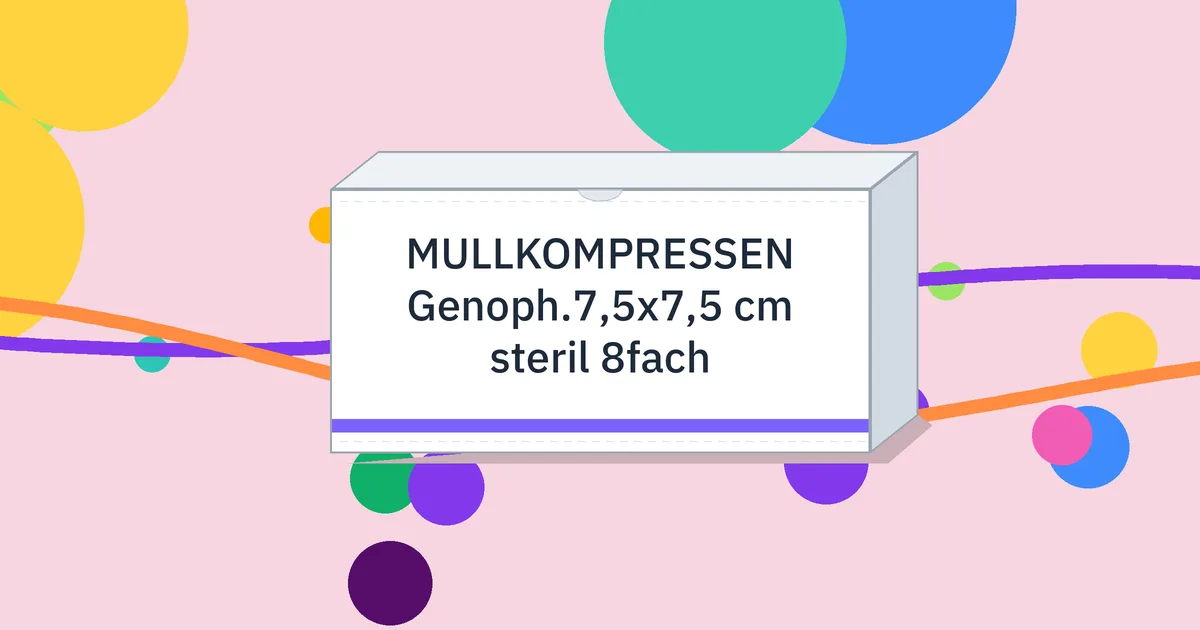 Symbolbild: Packung mit der Aufschrift MULLKOMPRESSEN Genoph.7,5x7,5 cm steril 8fach (PZN 02548587) – Verfügbarkeit und Bezug in Apotheken in Frankfurt am Main