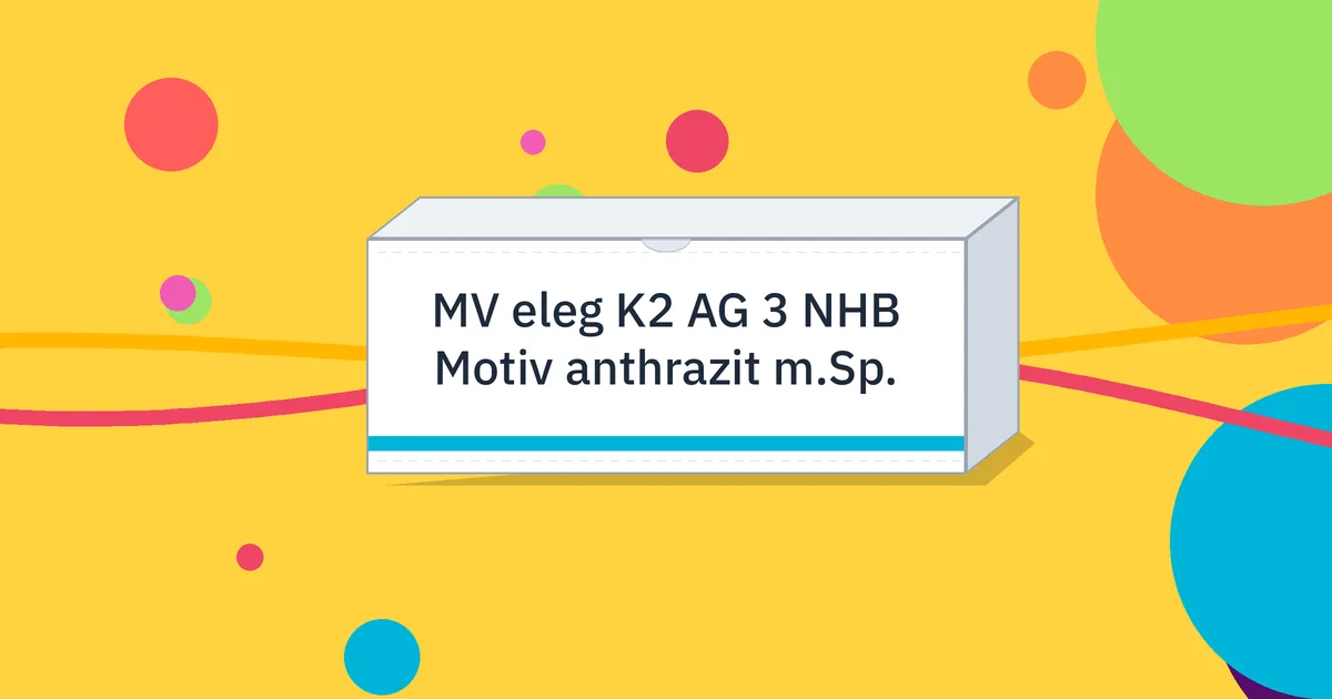Symbolbild: Packung mit der Aufschrift MV eleg K2 AG 3 NHB Motiv anthrazit m.Sp. (PZN 15721490) – Verfügbarkeit und Bezug in Apotheken in Frankfurt am Main
