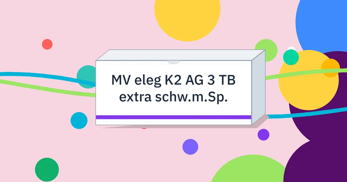 Symbolbild: Packung mit der Aufschrift MV eleg K2 AG 3 TB extra schw.m.Sp. (PZN 09876998) – Verfügbarkeit und Bezug in Apotheken in Frankfurt am Main