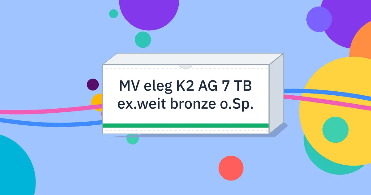 Symbolbild: Packung mit der Aufschrift MV eleg K2 AG 7 TB ex.weit bronze o.Sp. (PZN 14719321) – Verfügbarkeit und Bezug in Apotheken in Frankfurt am Main