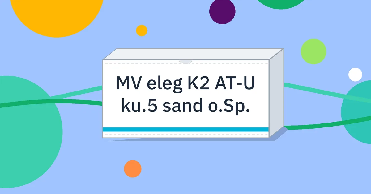 Symbolbild: Packung mit der Aufschrift MV eleg K2 AT-U ku.5 sand o.Sp. (PZN 18923857) – Verfügbarkeit und Bezug in Apotheken in Frankfurt am Main