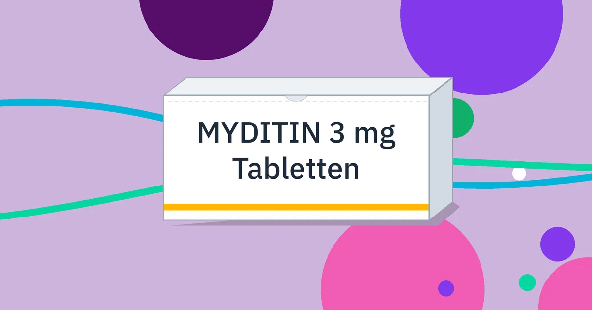 Symbolbild: Packung mit der Aufschrift MYDITIN 3 mg Tabletten (PZN 15198226) – Verfügbarkeit und Bezug in Apotheken in Frankfurt am Main